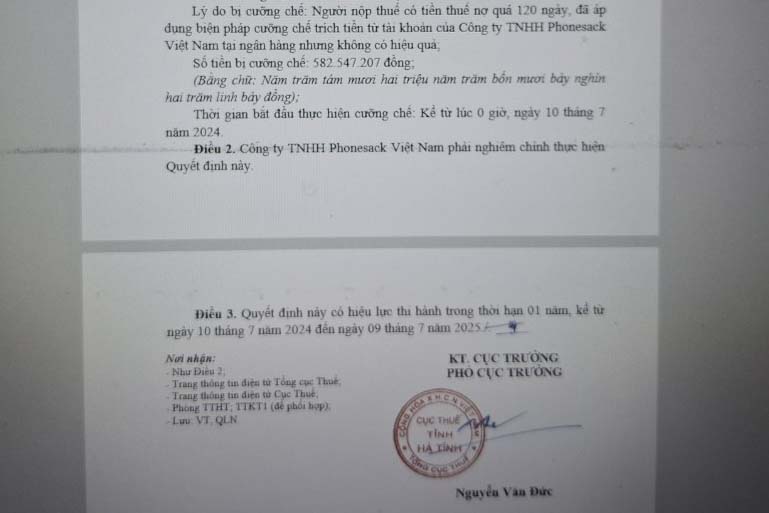 Công ty Phonesack Việt Nam nợ thuế hơn 580 triệu đồng